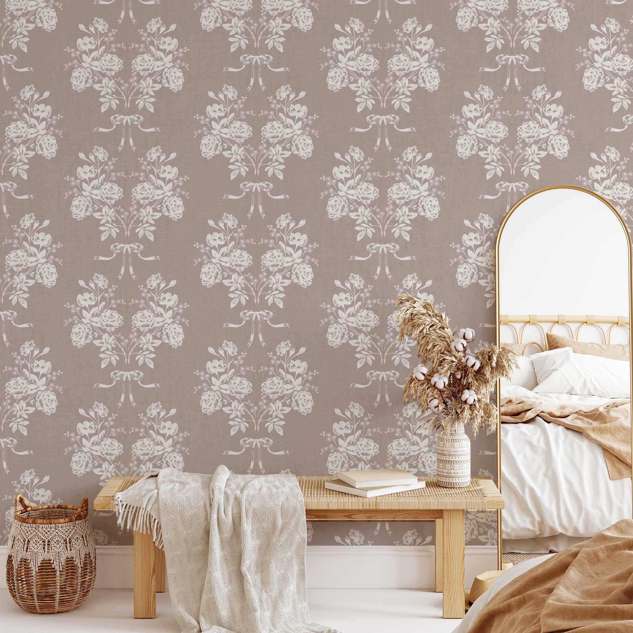 Roses and Ribbons Wallpaper - Old Burgundy – Ayara Home