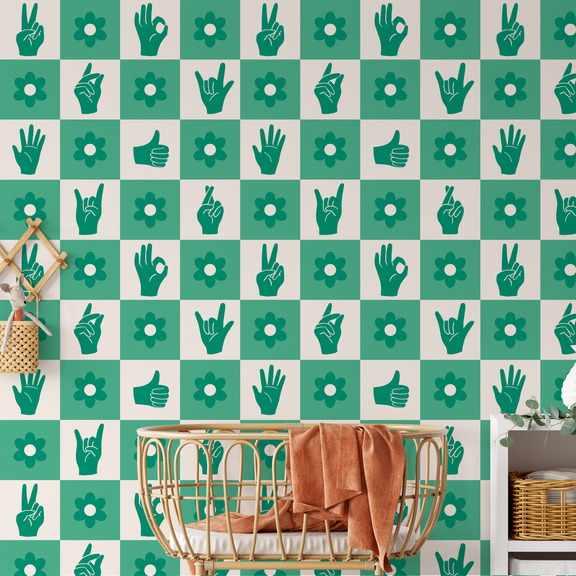 Retro Hand Signs Wallpaper - Green – Ayara Home